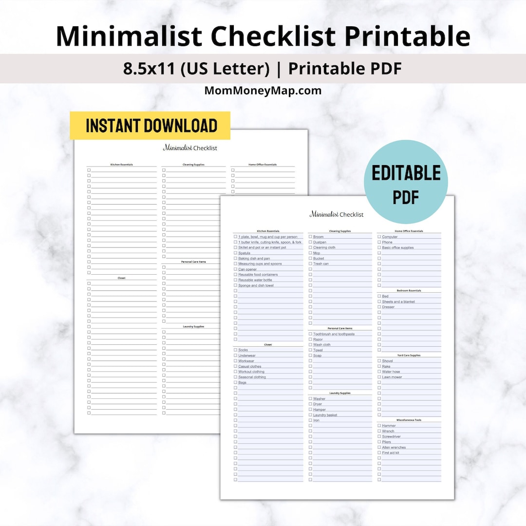 Minimalist Checklist Printable PDF, Minimalist Decluttering Checklist ...