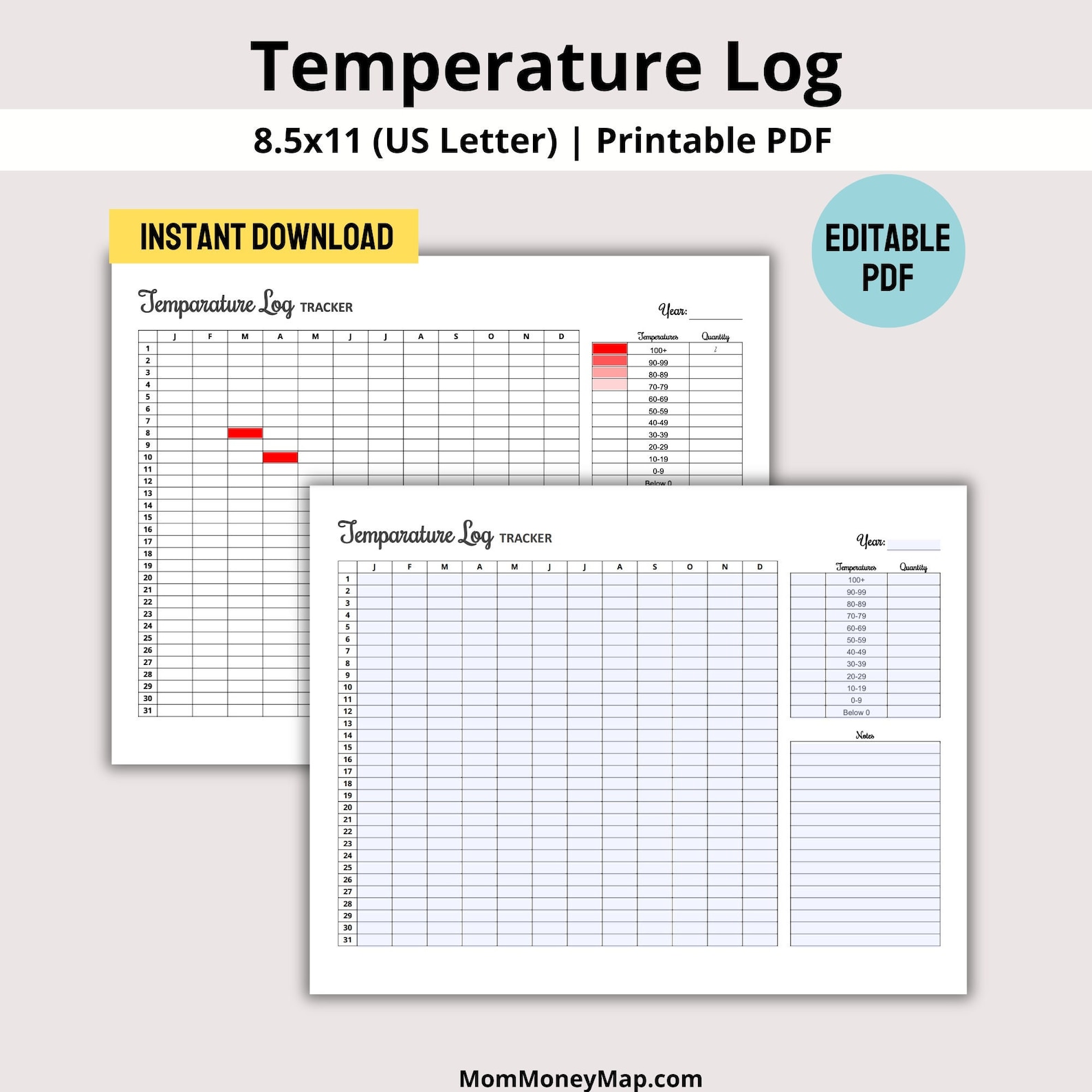 Temperature Log Printable PDF, Temperature Tracker Printable, Editable ...