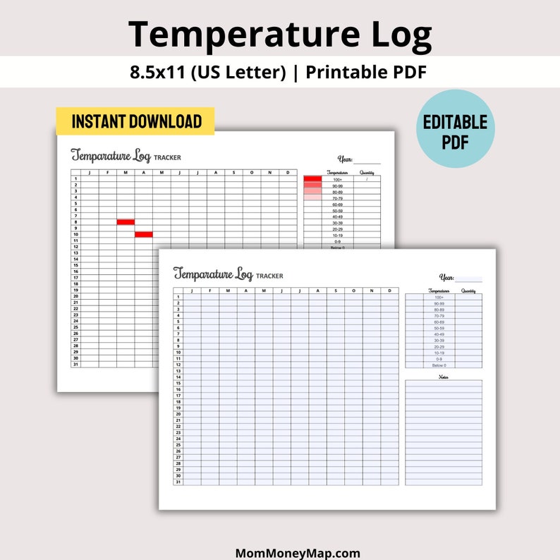 Temperature Log Printable PDF, Temperature Tracker Printable, Editable ...