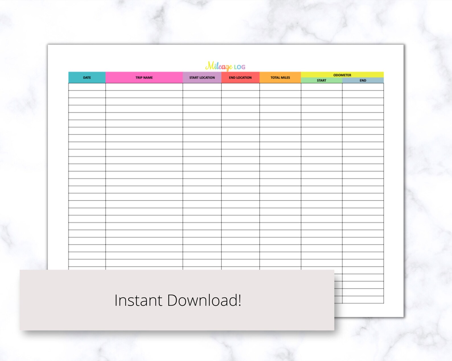 Multi-color Mileage Log Printable PDF, Odometer Tracker, Trip Log ...