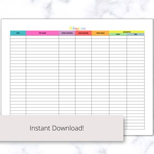 Multi-color Mileage Log Printable PDF, Odometer Tracker, Trip Log ...