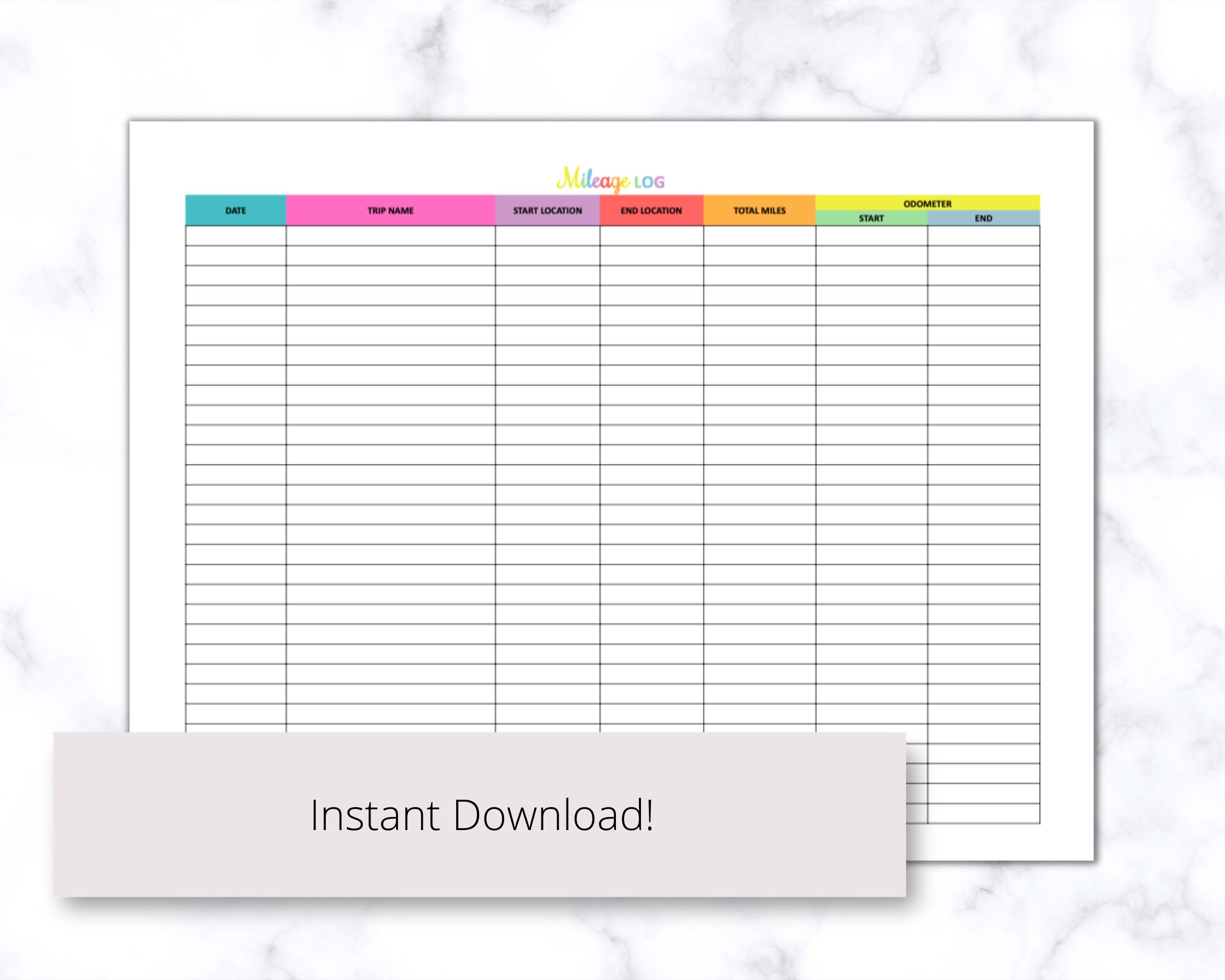 Multi-color Mileage Log Printable PDF, Odometer Tracker, Trip Log ...