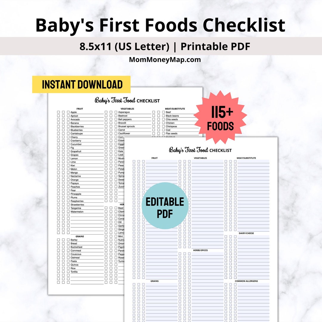 Baby's First Foods Checklist Printable PDF, Baby Food Tracker, Baby ...