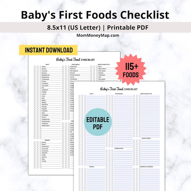 Baby's First Foods Checklist Printable PDF, Baby Food Tracker, Baby ...