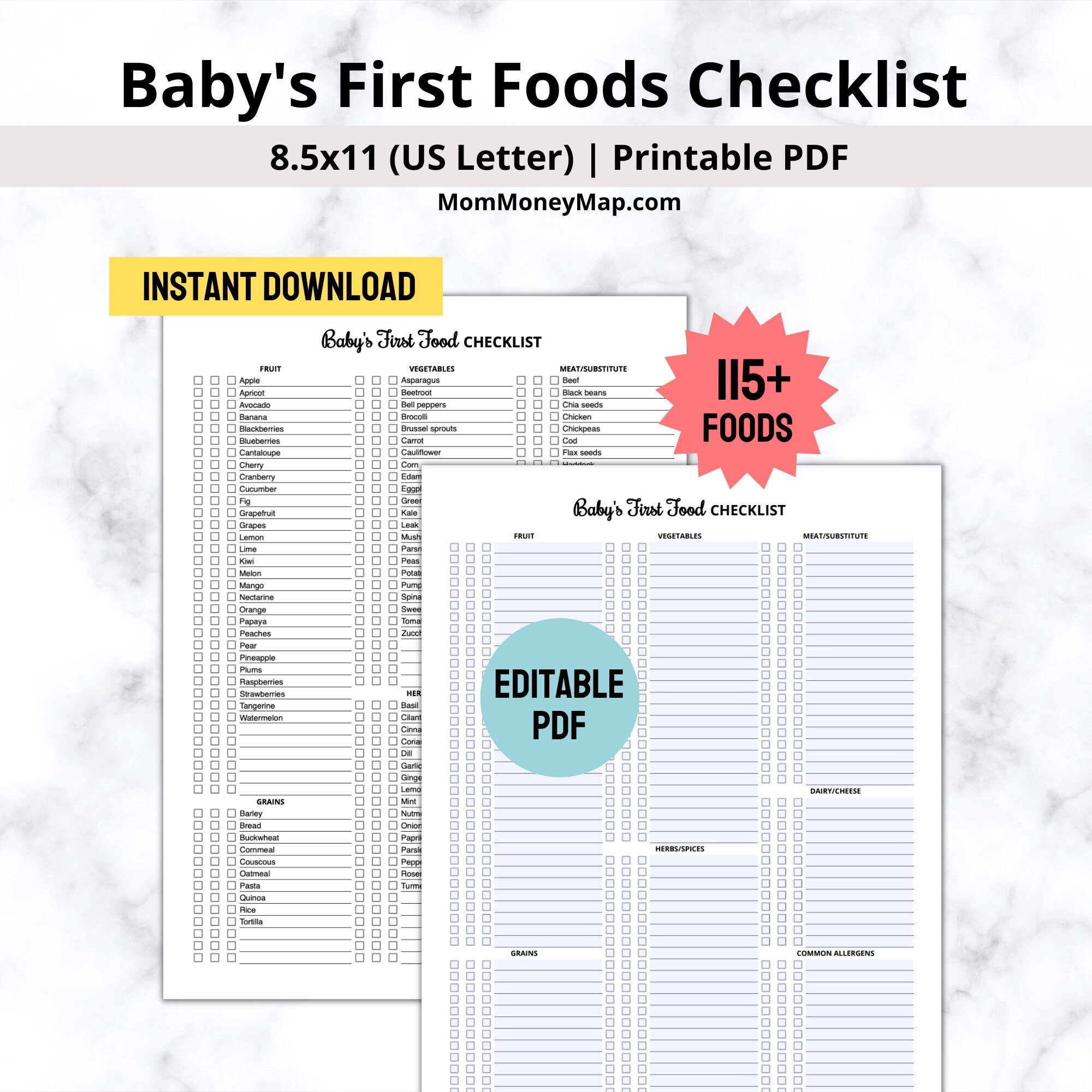 Baby's First Foods Checklist Printable PDF, Baby Food Tracker, Baby ...