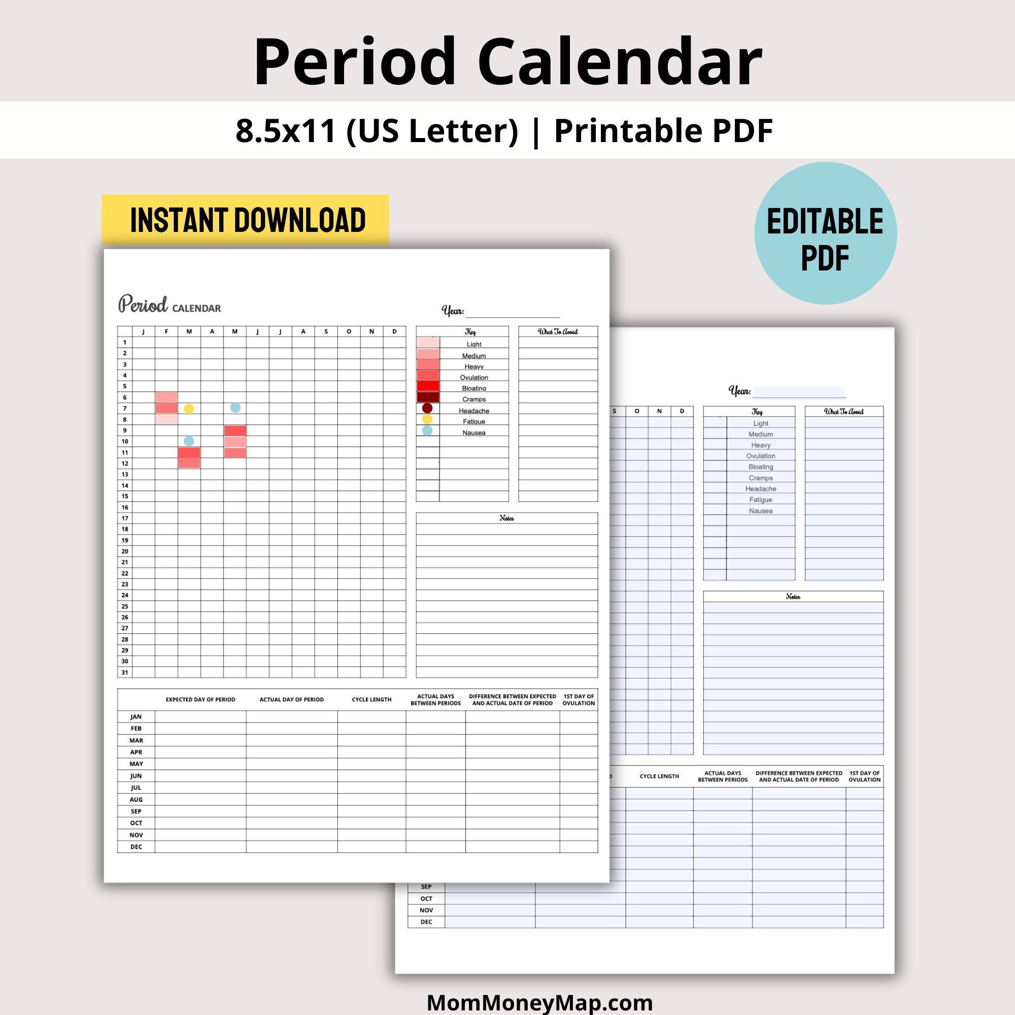 Period Calendar Printable PDF, Monthly Period Calendar PDF ...