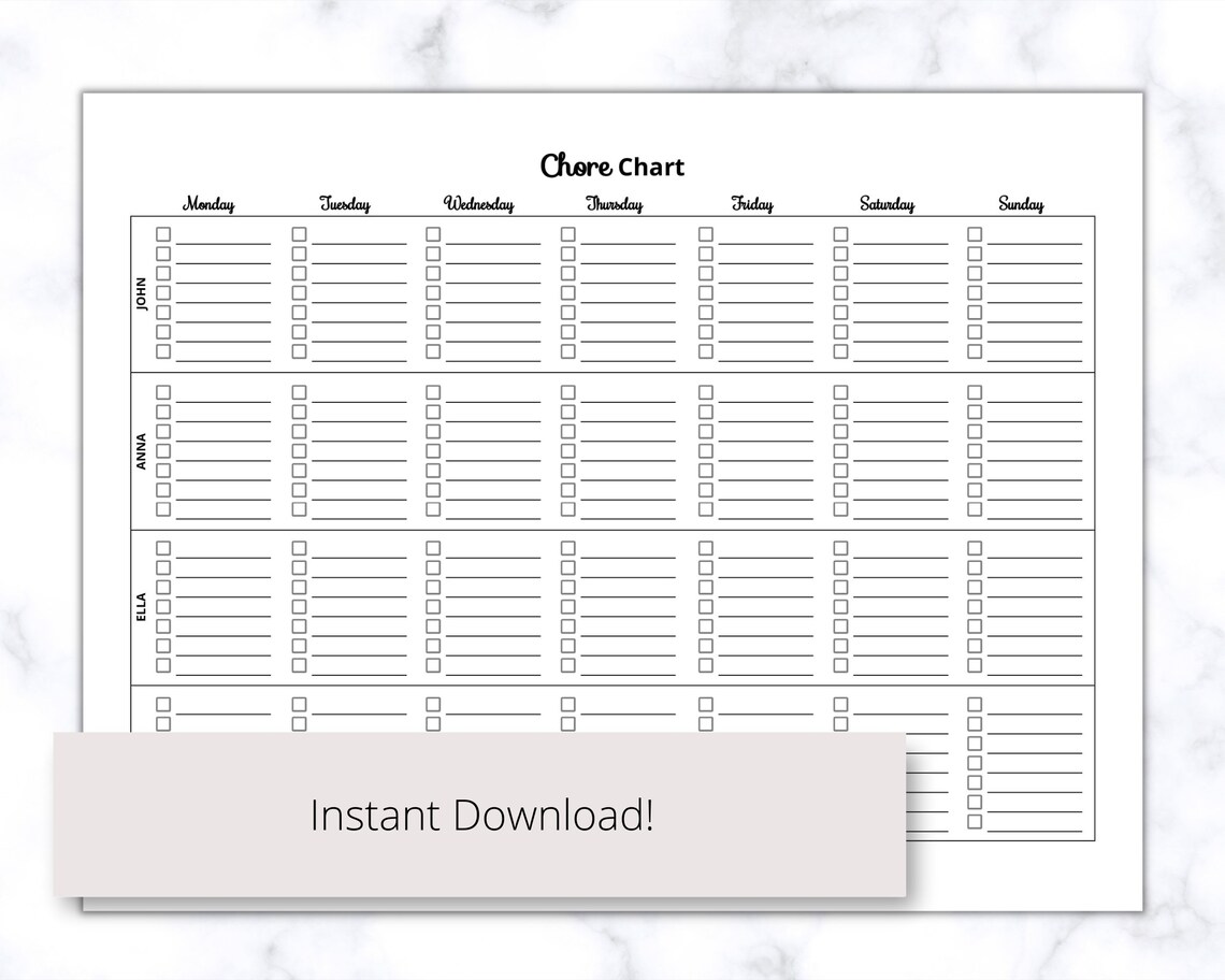 Chore Chart Printable PDF for Family or Adults, Daily Weekly Chore ...