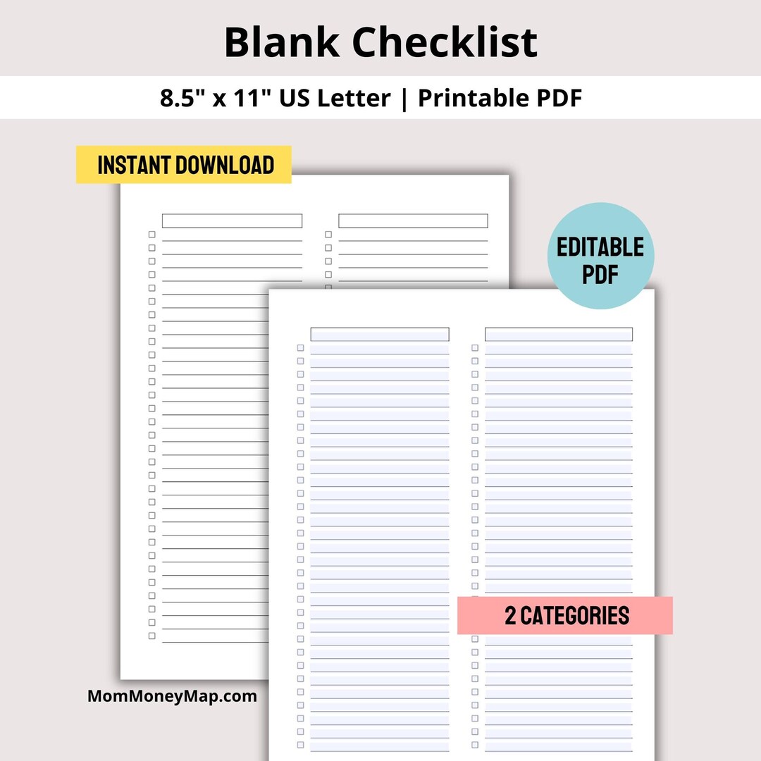Blank Checklist Printable PDF 8.5x11 US Letter, Blank to Do List PDF ...