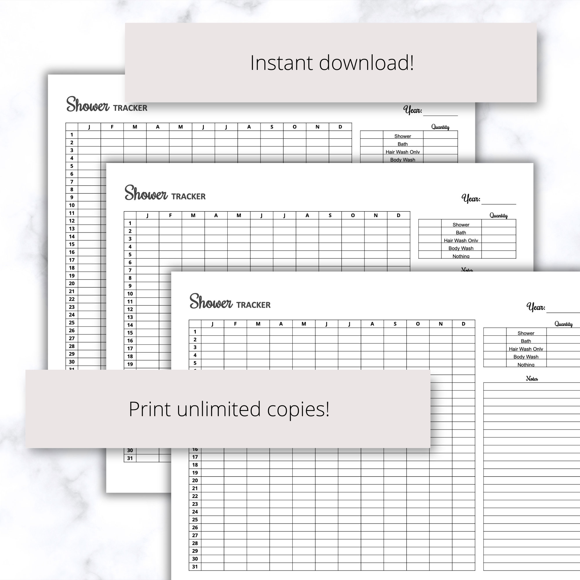 Shower Tracker Printable PDF, Bath Tracker, Shower Log Template, Hair Washing Tracker, Printable ...