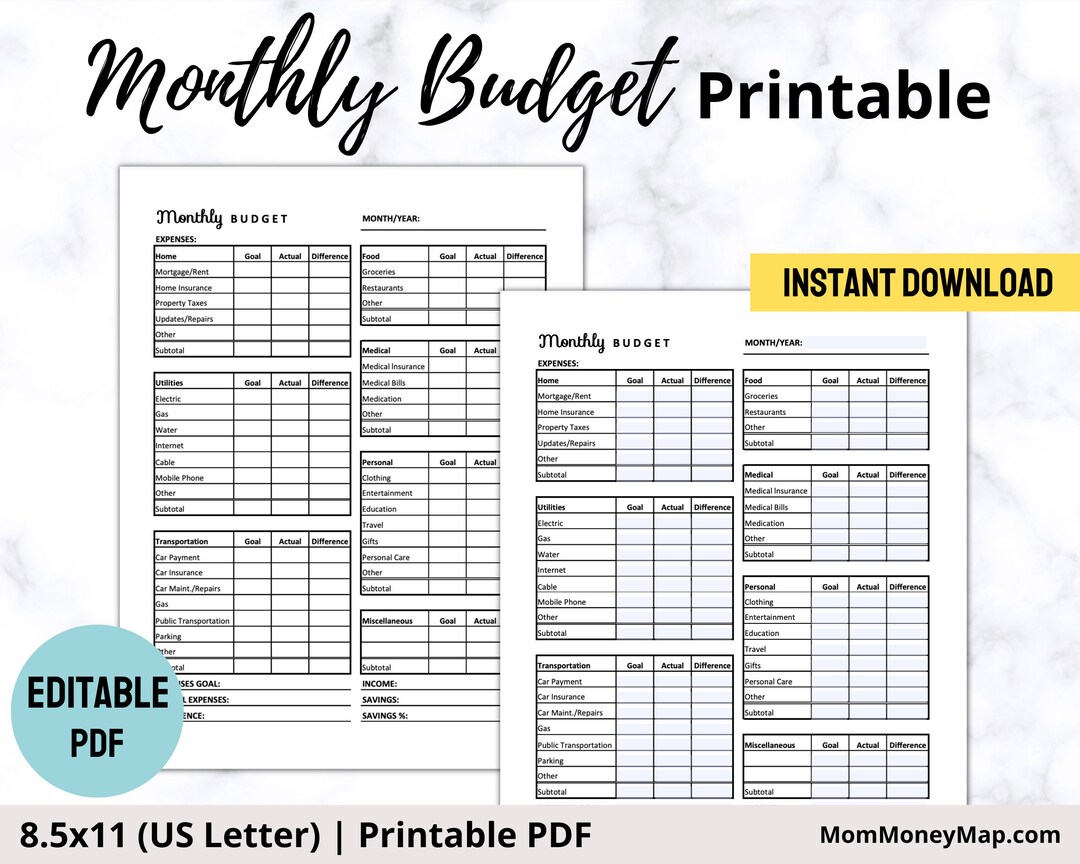 Monthly Budget Printable PDF Simple Budget Template PDF - Etsy