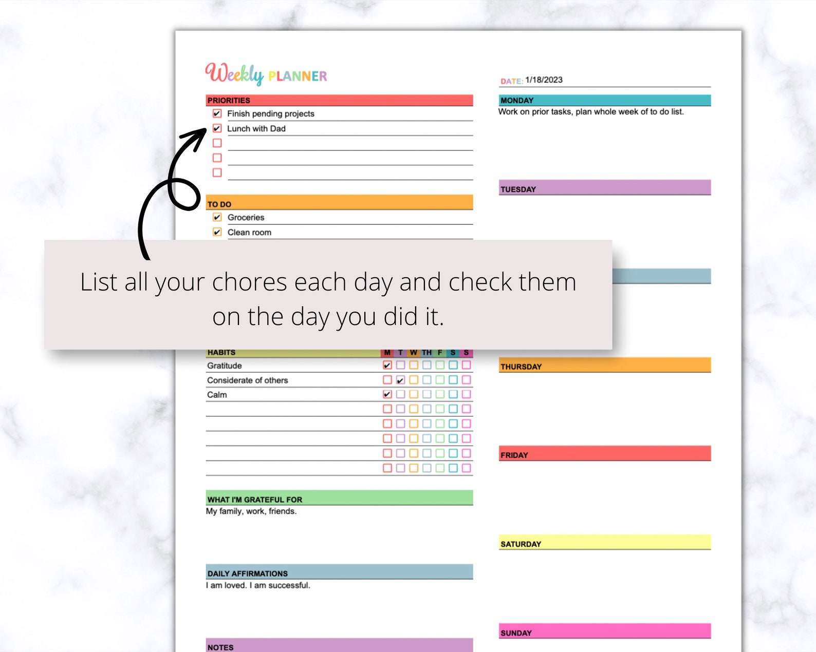Multi-color Weekly Planner Printable PDF, Week Organizer, Productivity ...