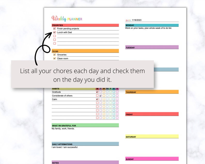 Multi-color Weekly Planner Printable PDF, Week Organizer, Productivity ...