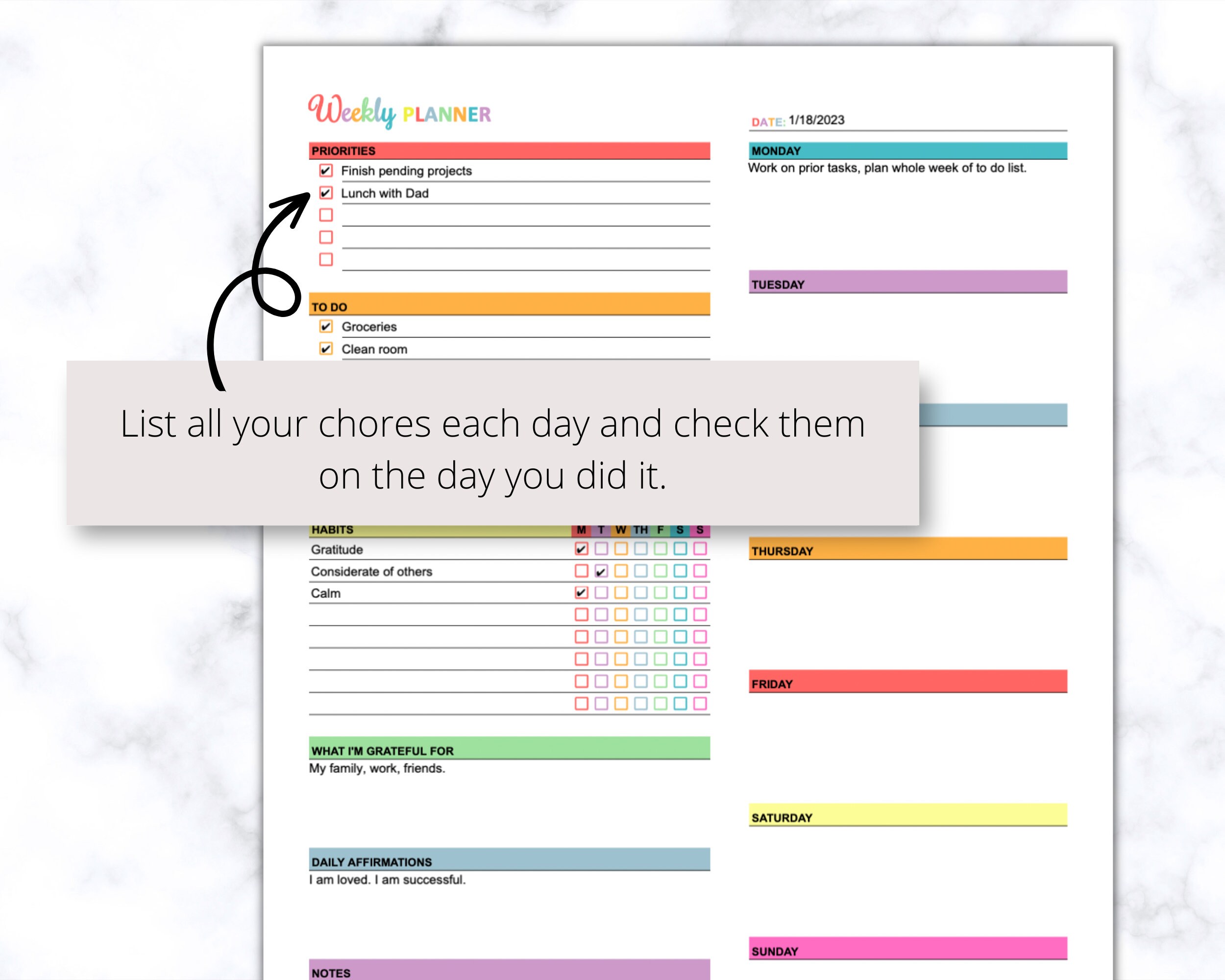 Multi-color Weekly Planner Printable PDF, Week Organizer, Productivity ...