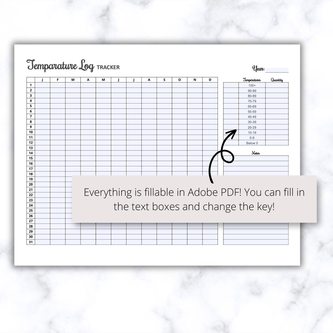 Temperature Log Printable PDF, Temperature Tracker Printable, Editable ...