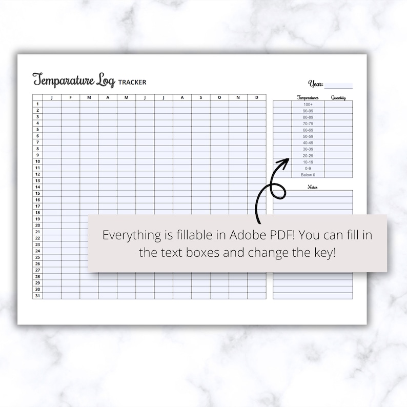 Temperature Log Printable PDF, Temperature Tracker Printable, Editable ...