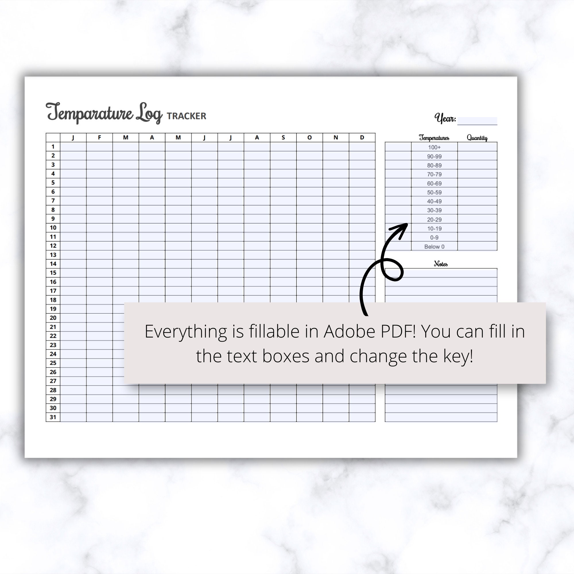 Temperature Log Printable PDF, Temperature Tracker Printable, Editable ...