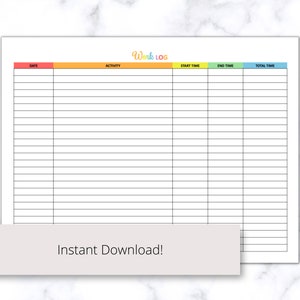 Multi-color Work Log Printable PDF Landscape, Task Time Tracker, Time ...