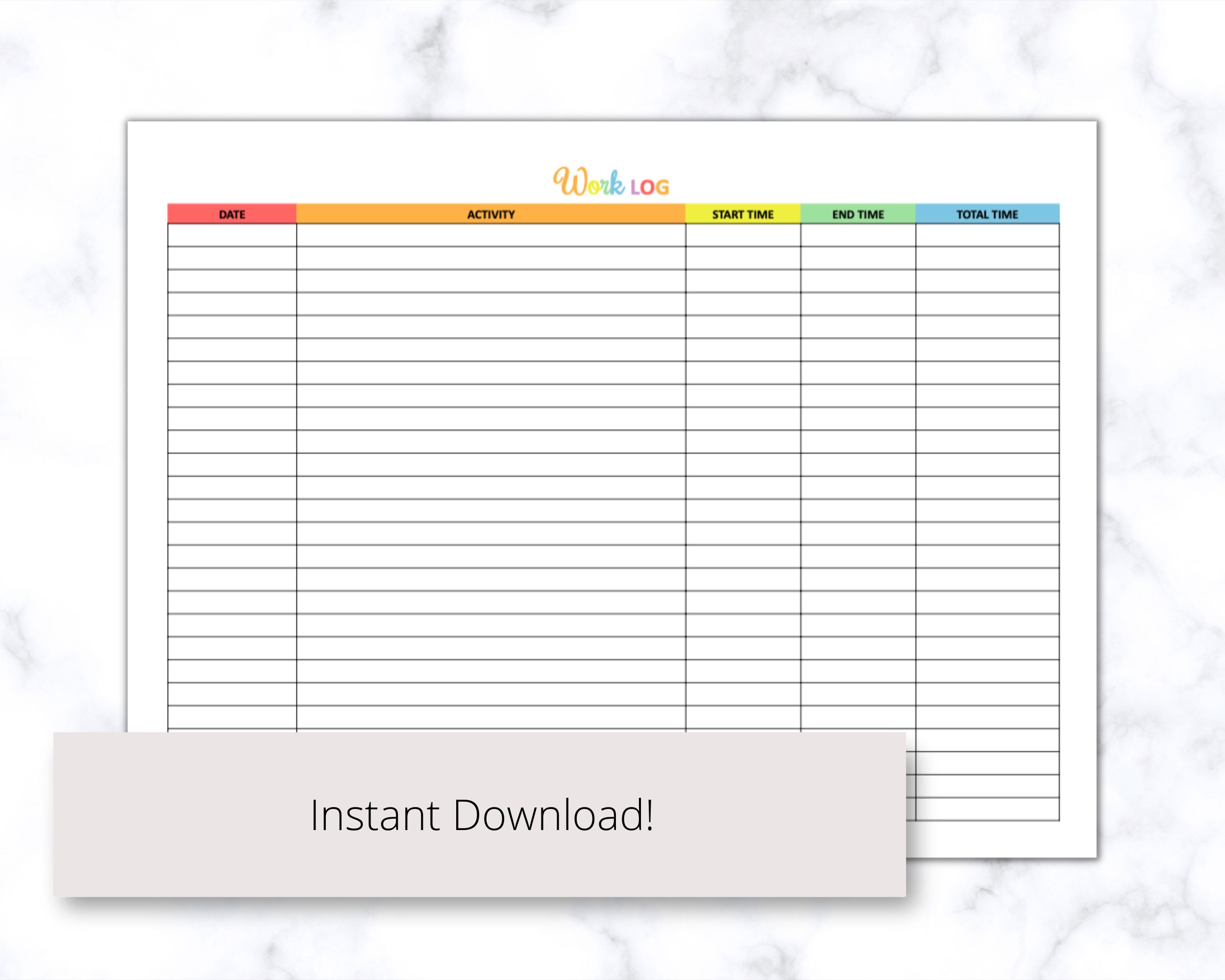 Multi-color Work Log Printable PDF Landscape, Task Time Tracker, Time ...