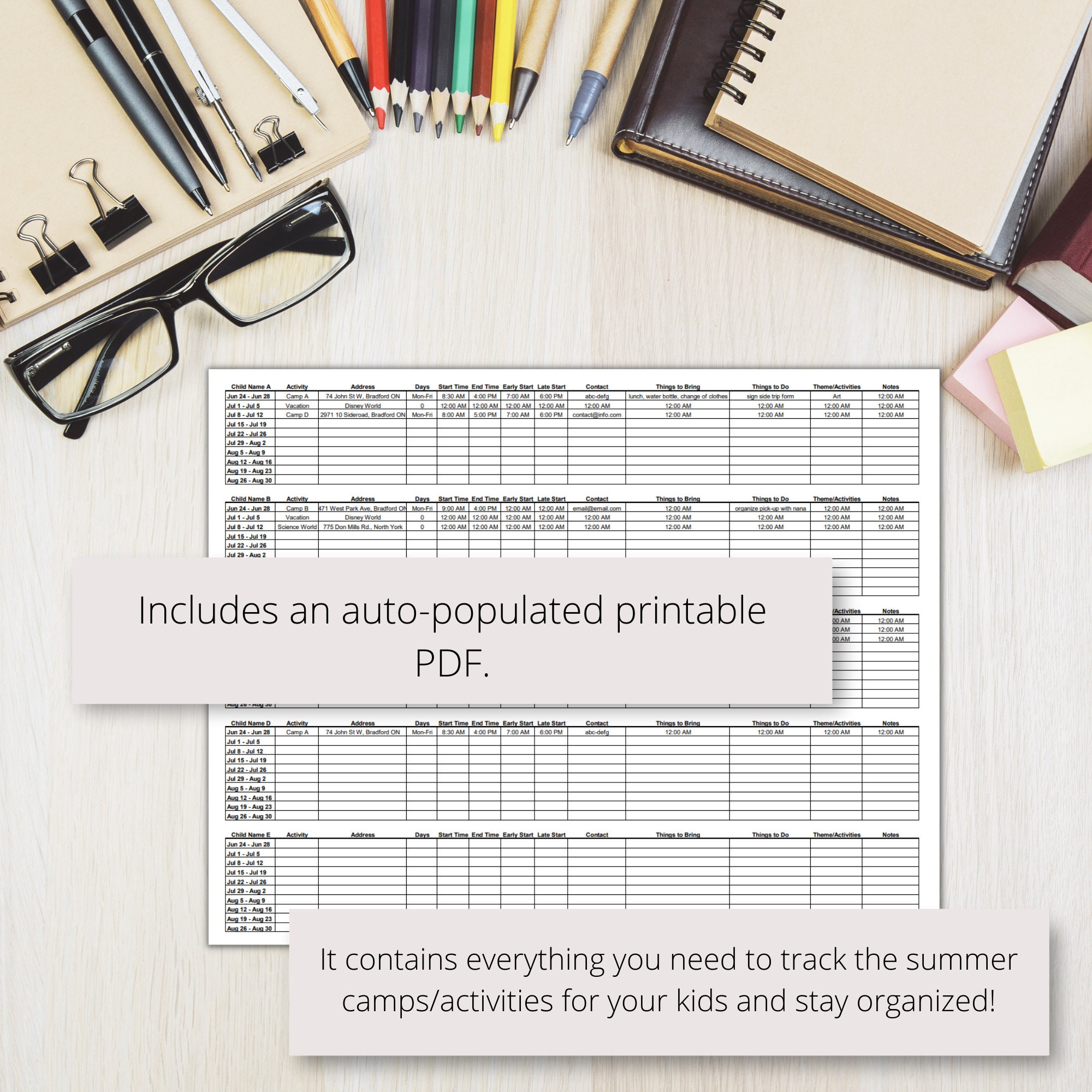 Summer Camp Planner Excel Spreadsheet, Summer Camp Organizer, Camp ...