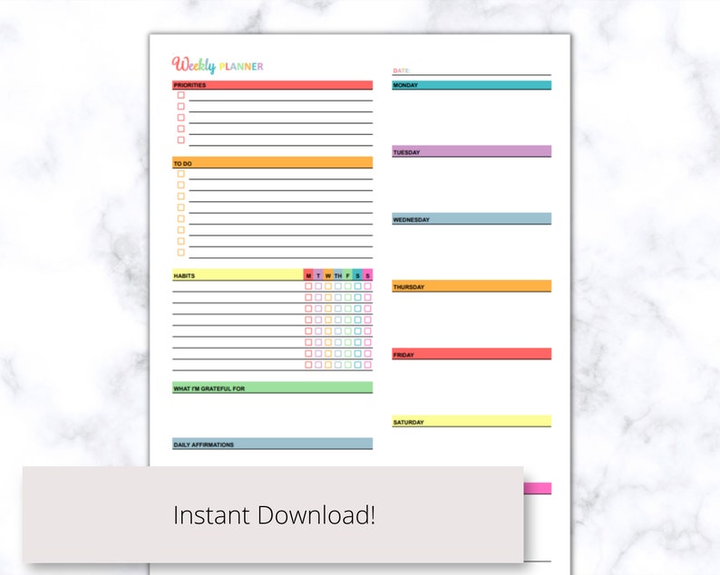 Multi-color Weekly Planner Printable PDF, Week Organizer, Productivity ...
