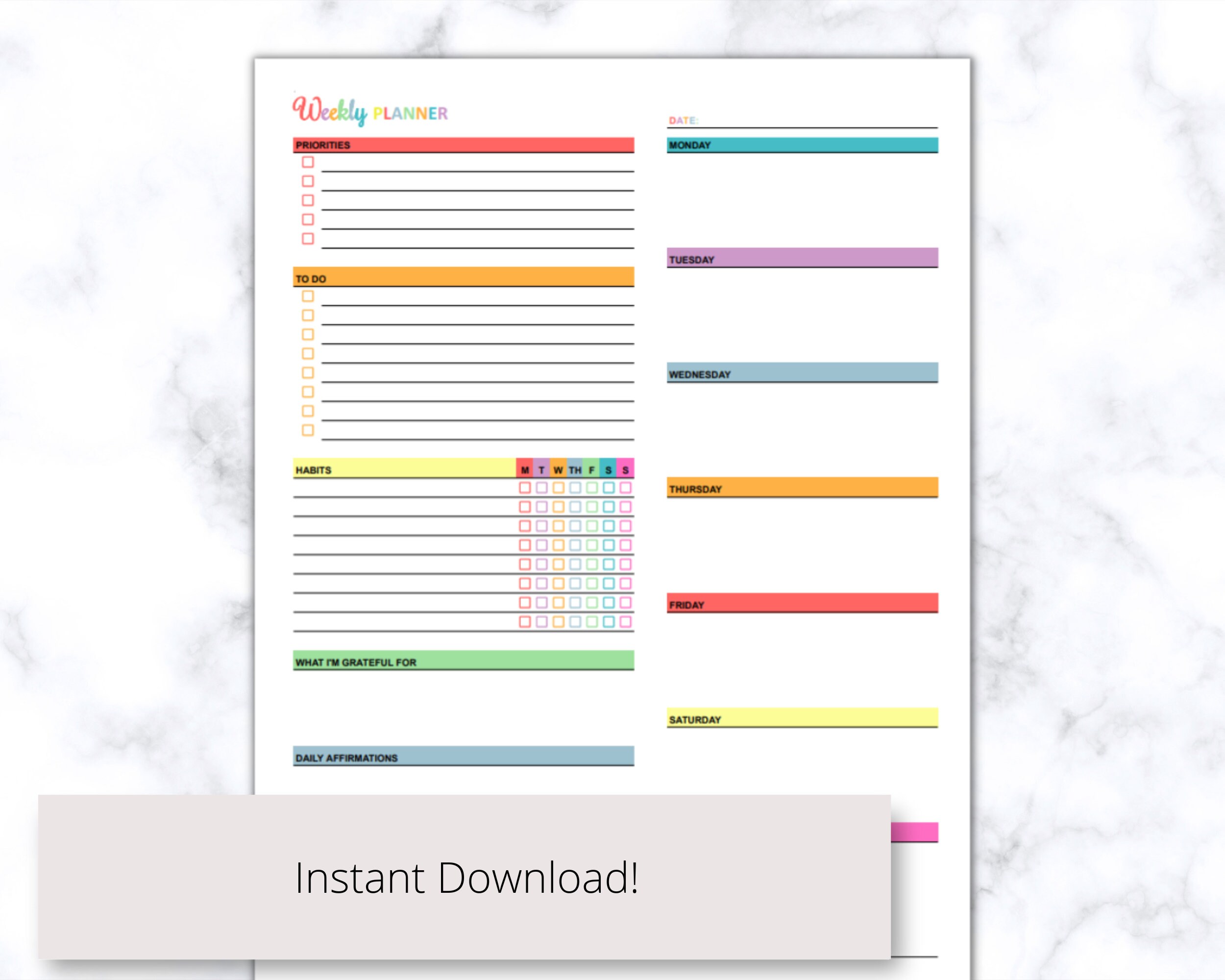 Multi-color Weekly Planner Printable PDF, Week Organizer, Productivity ...
