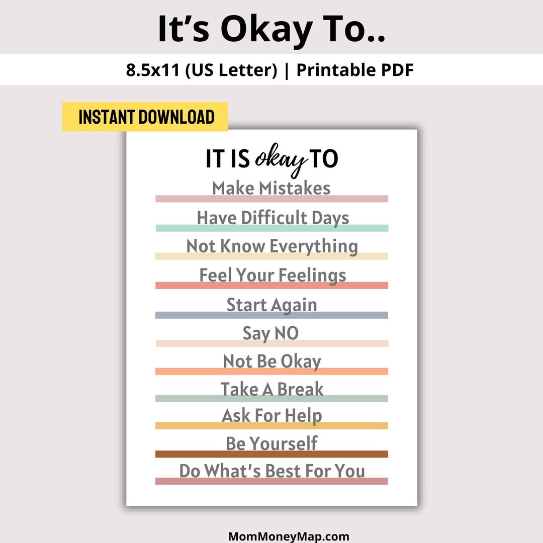 It's Okay to Not Be Okay Affirmation Printable PDF Poster, Self-care ...