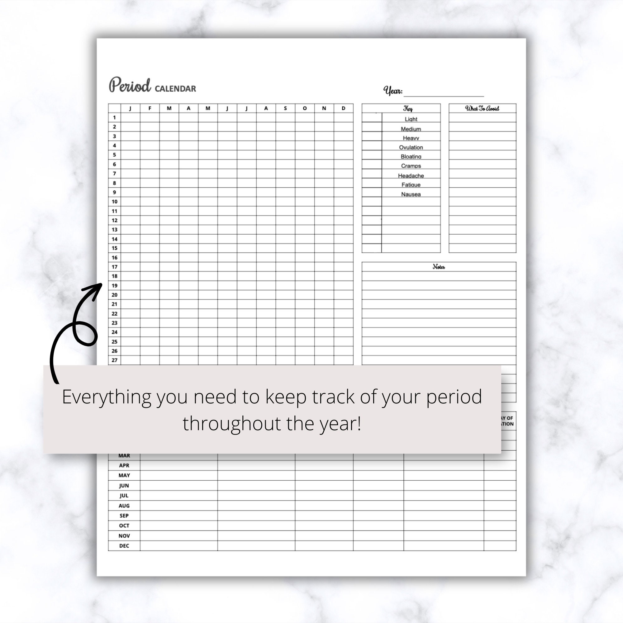 Period Calendar Printable PDF, Monthly Period Calendar PDF ...