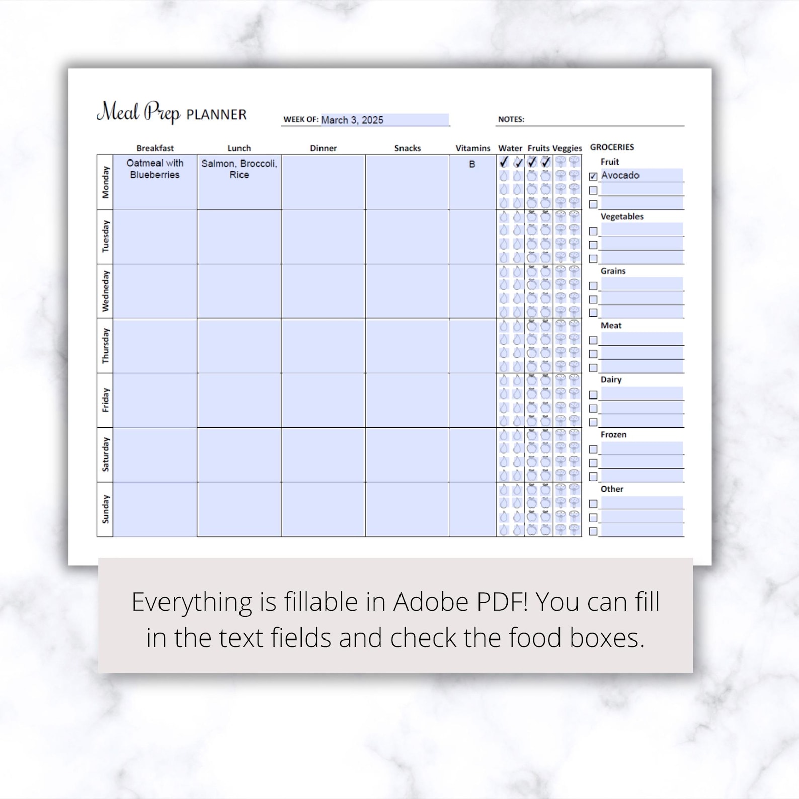 Meal Prep Planner Printable PDF, Weekly Meal Planner, Menu Planner ...