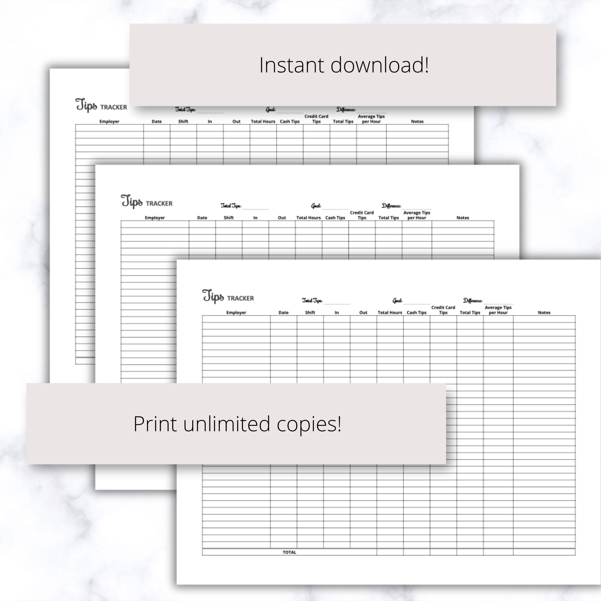 Tips Tracker Printable PDF, Track Daily Tips for Taxes, Server Tips ...