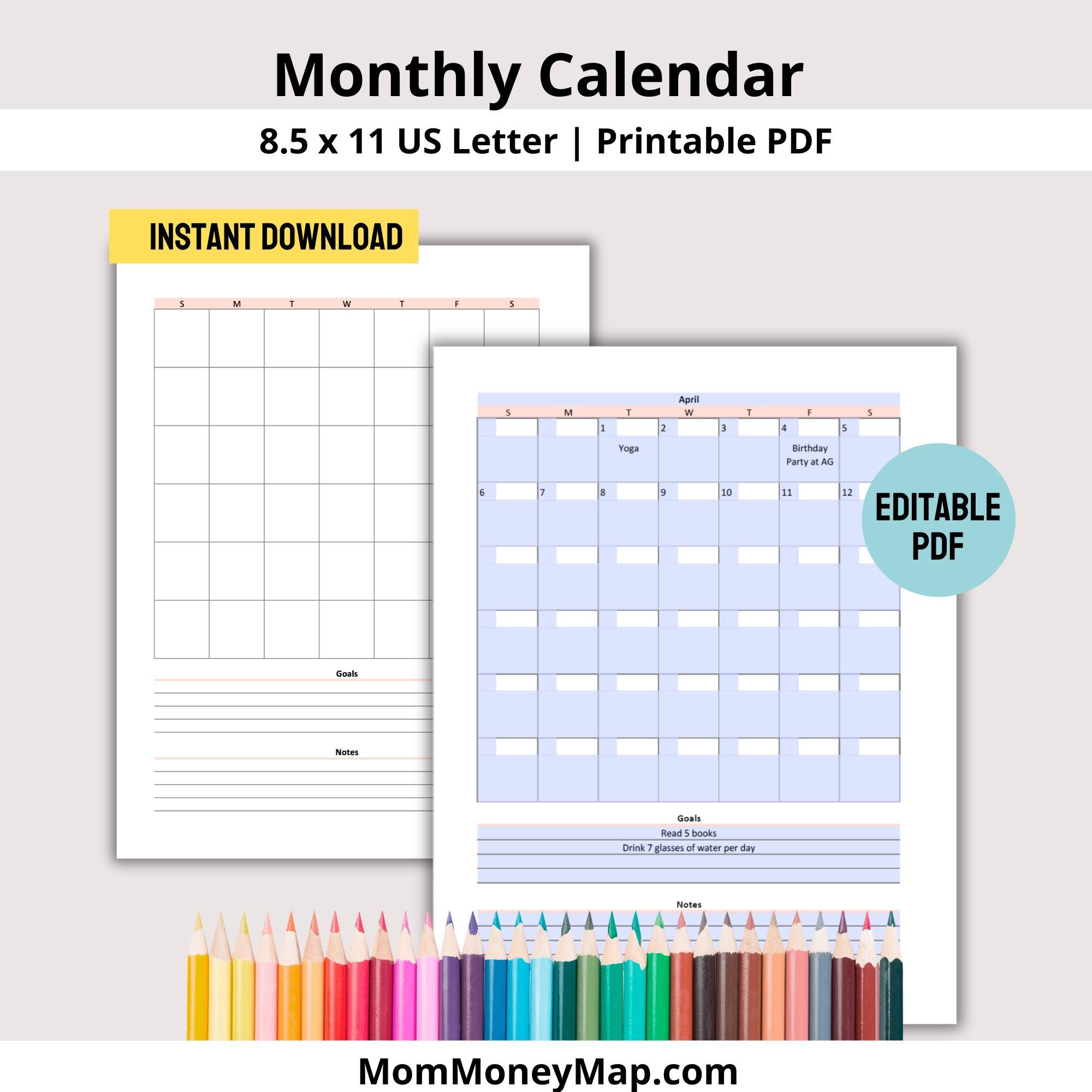 Monthly Calendar Printable Color PDF, Blank Monthly Calendar Pages ...