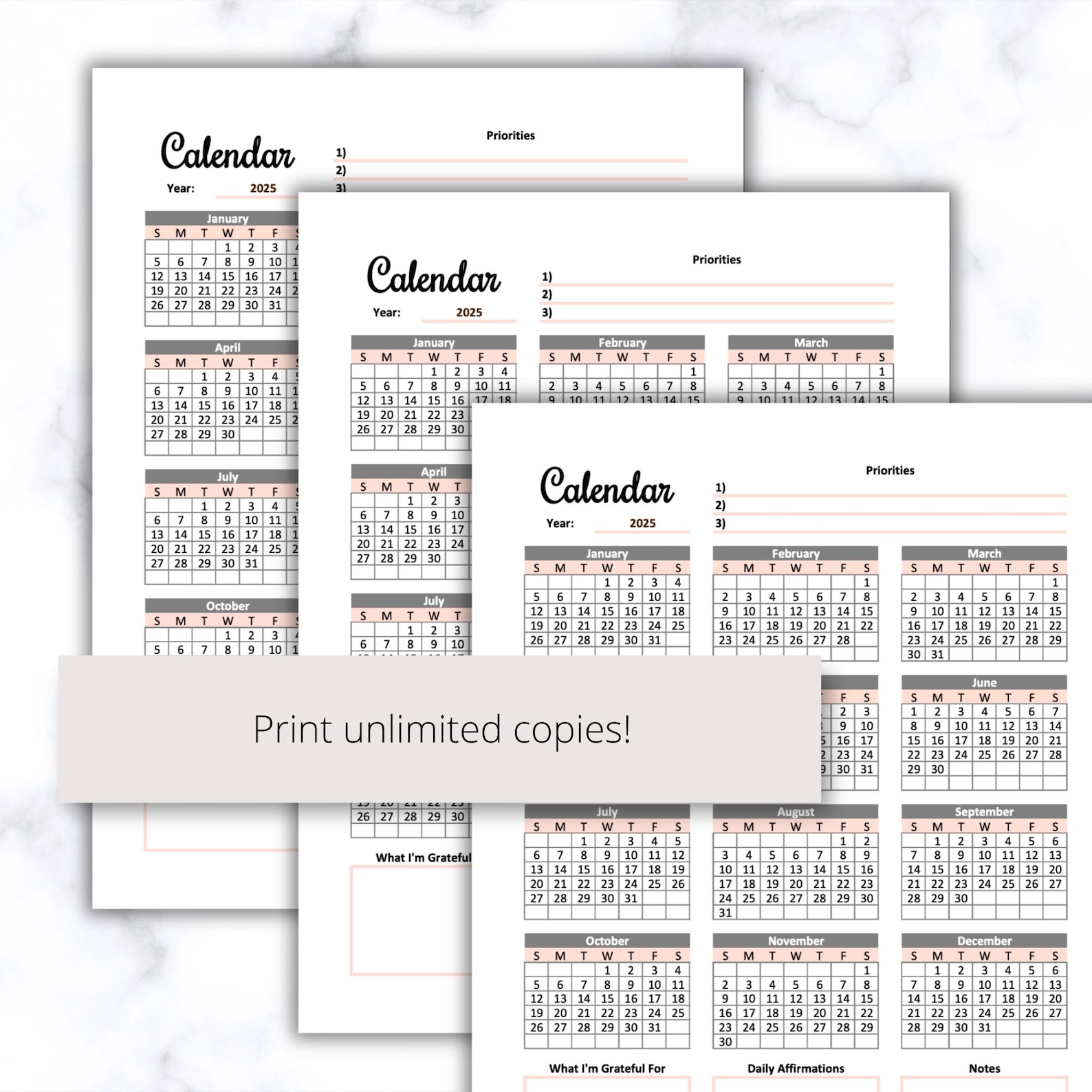2025 Calendar Printable PDF in Color, Year at A Glance PDF, 2025 ...