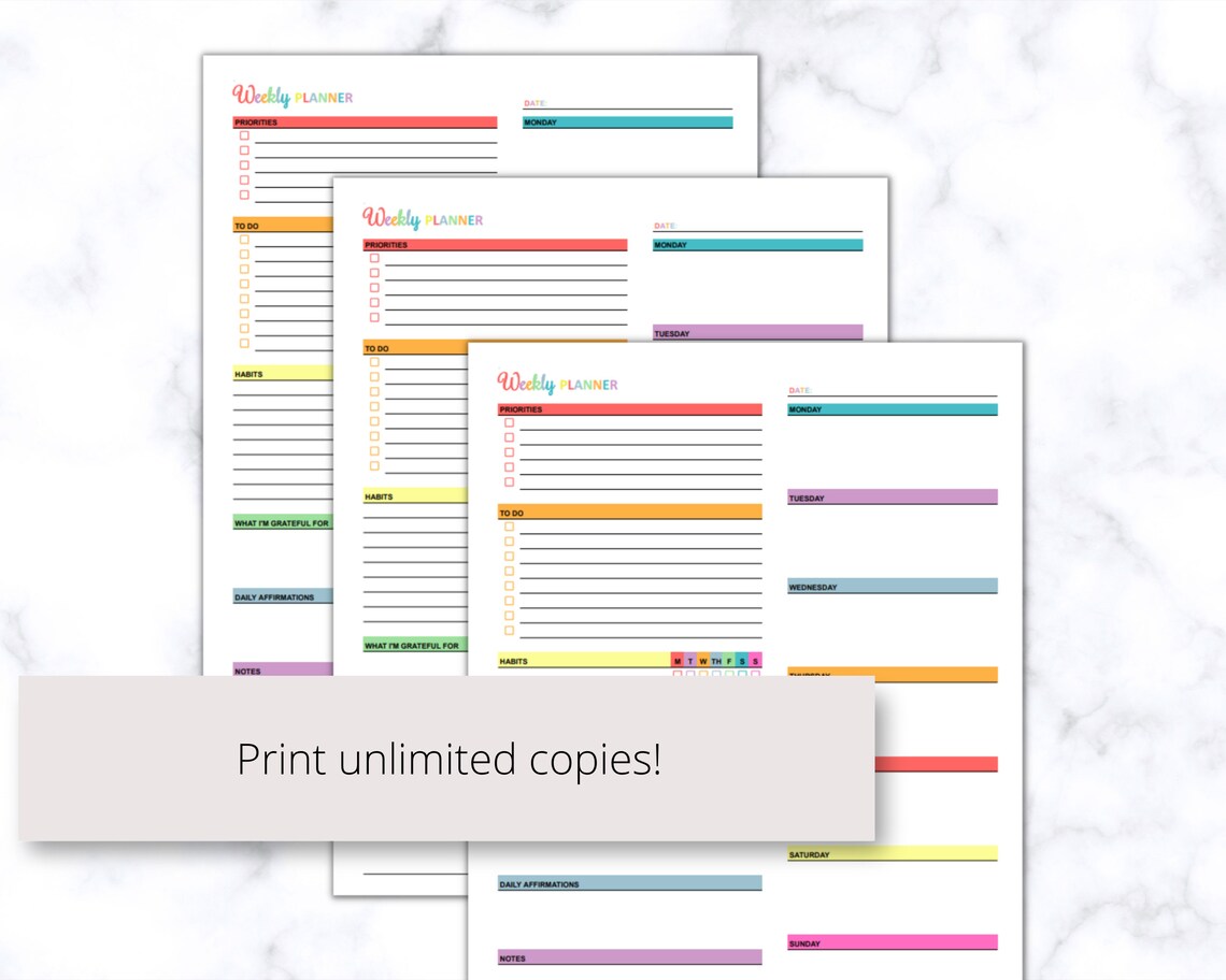 Multi-color Weekly Planner Printable PDF, Week Organizer, Productivity ...