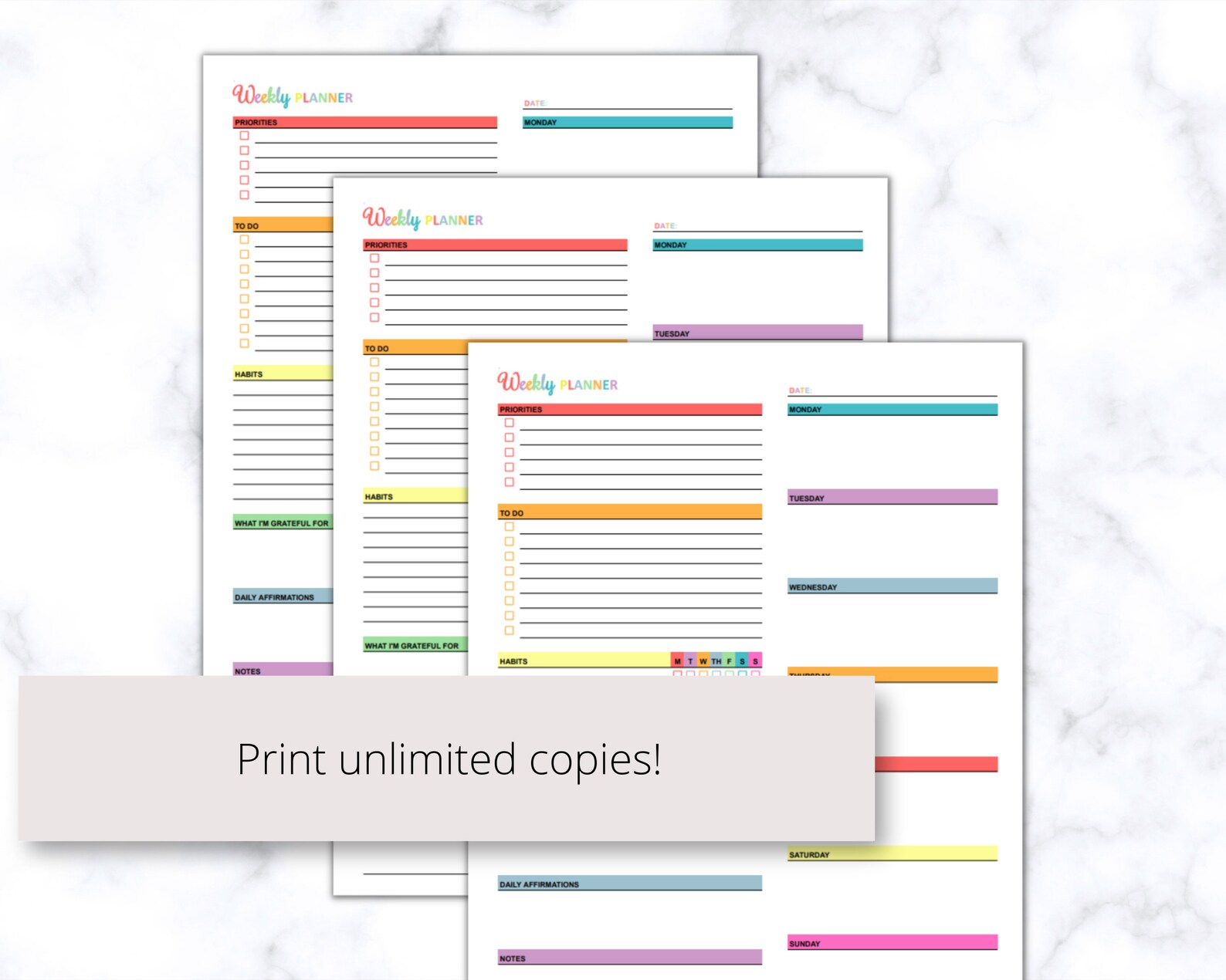 Multi-color Weekly Planner Printable PDF, Week Organizer, Productivity ...