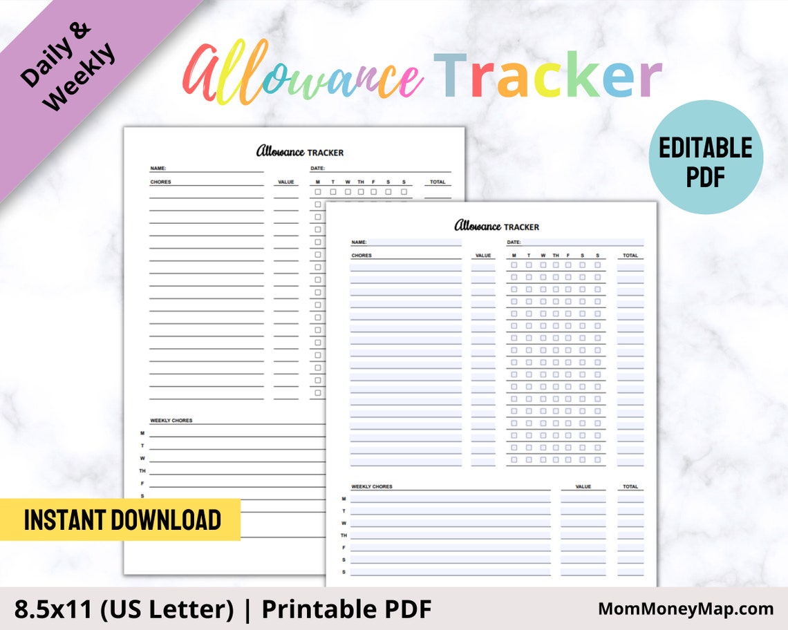 Weekly Allowance Tracker Printable PDF Allowance Tracker for - Etsy