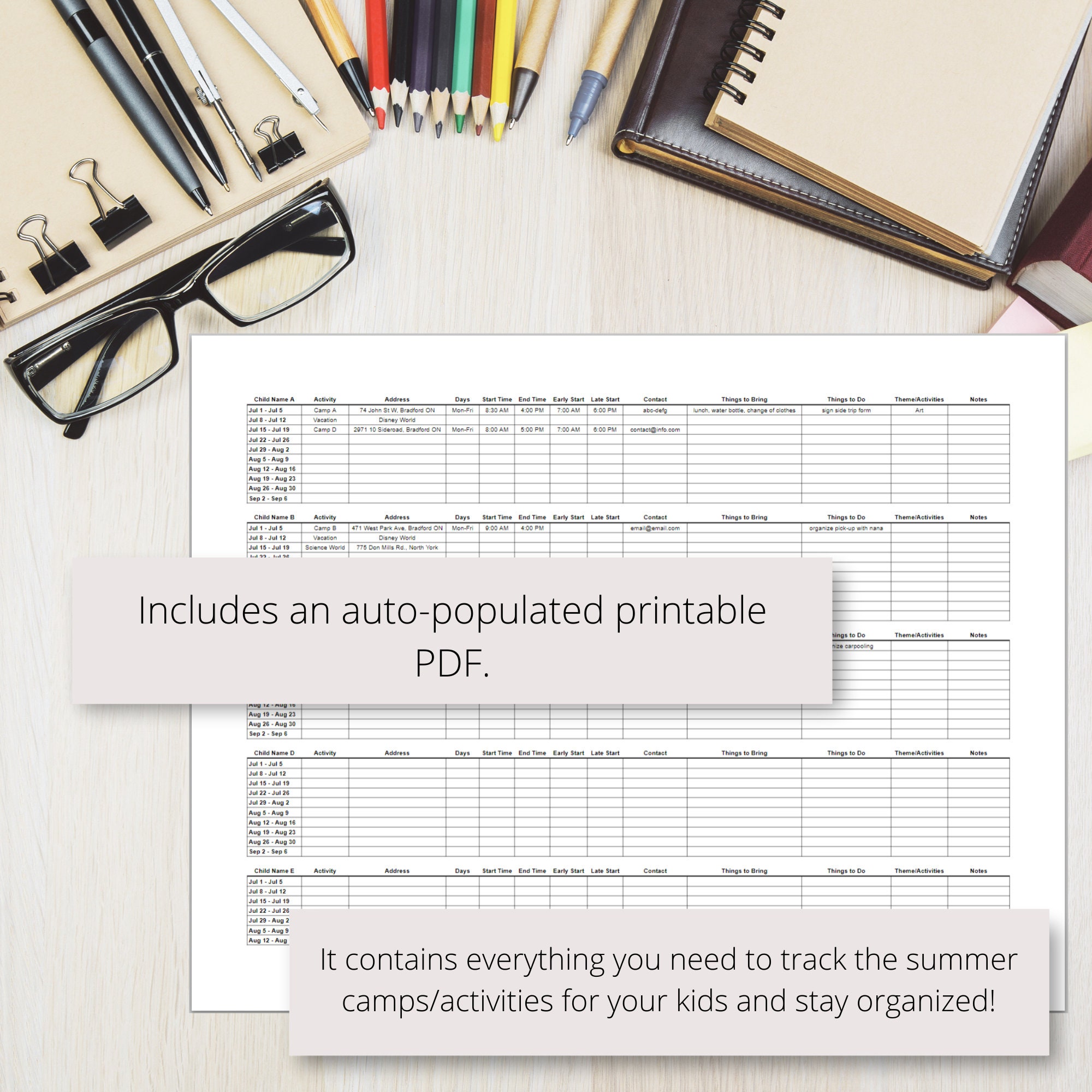 Summer Camp Planner Google Sheets Spreadsheet, Summer Camp Organizer ...