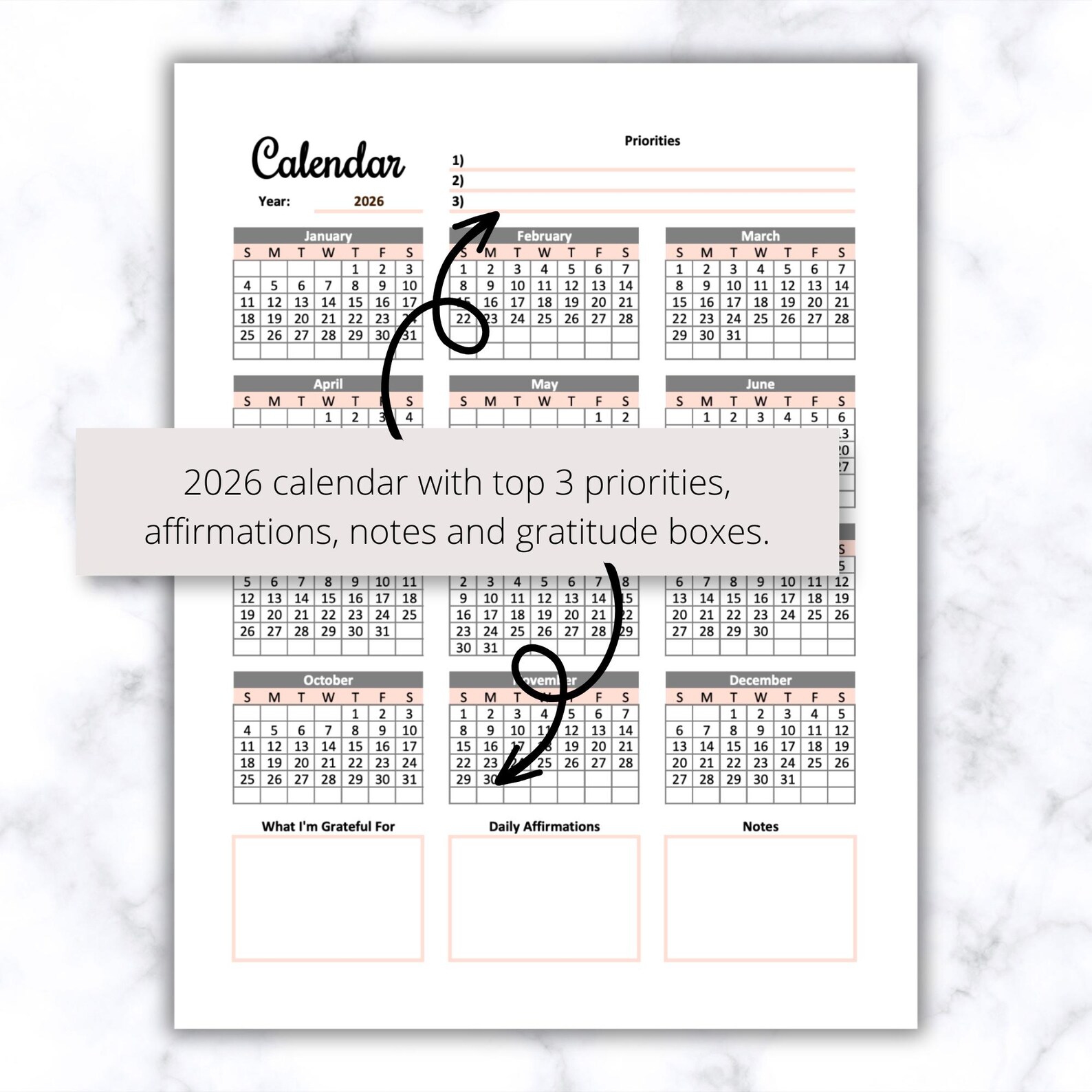 2026 Calendar Printable PDF in Color, Year at A Glance PDF, 2026 ...
