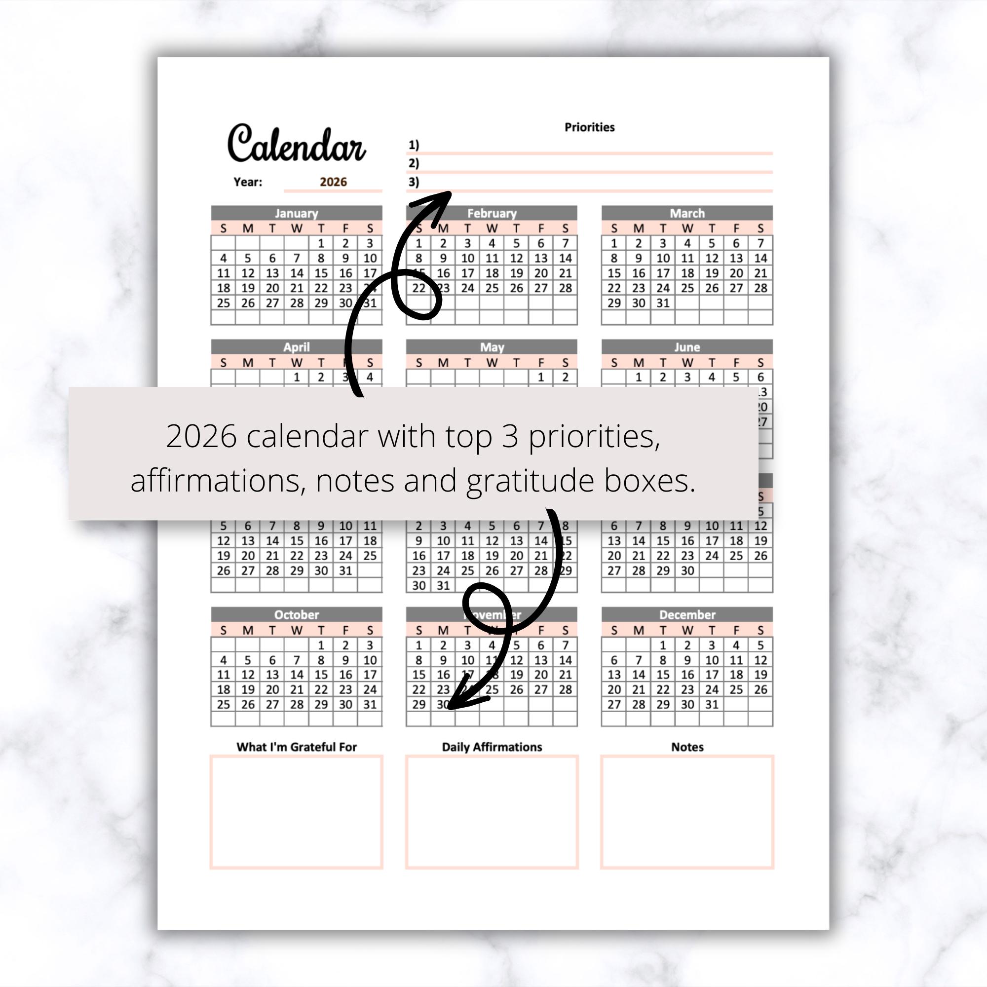 2026 Calendar Printable PDF in Color, Year at A Glance PDF, 2026 ...
