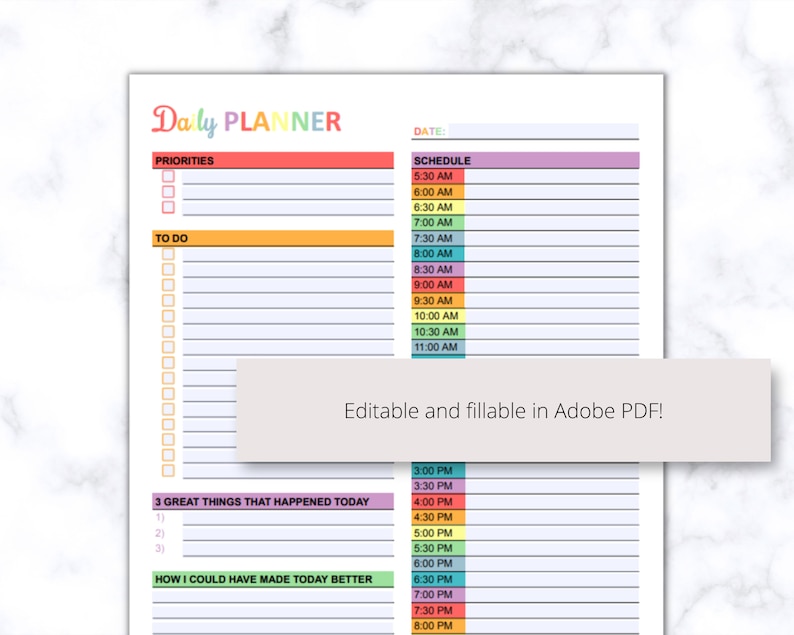 Multi-color Daily Planner Printable PDF, Daily Organizer, Productivity ...