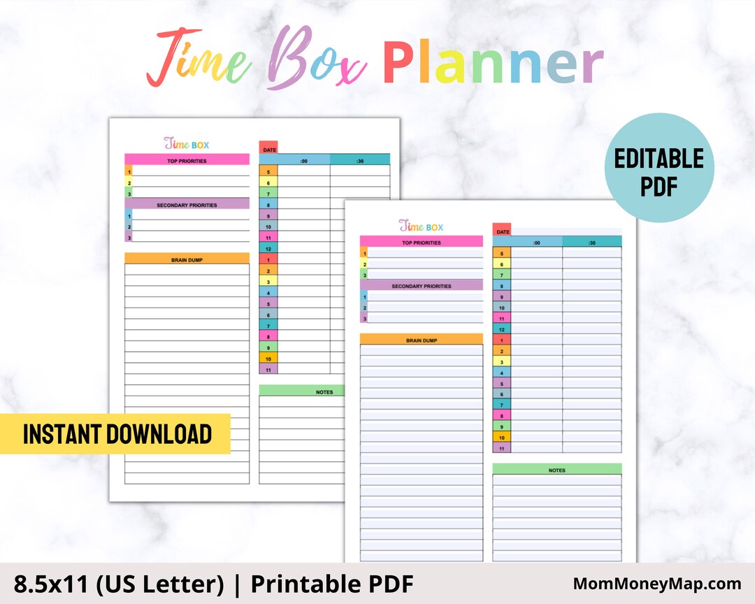 Multi-color Time Box Planner Printable PDF Daily Time - Etsy