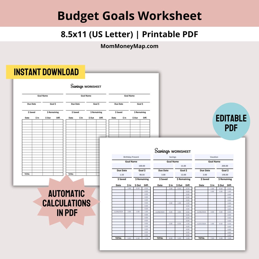 Budget Goals Worksheet: Savings Cash Tracker Printable (PDF), Mini ...