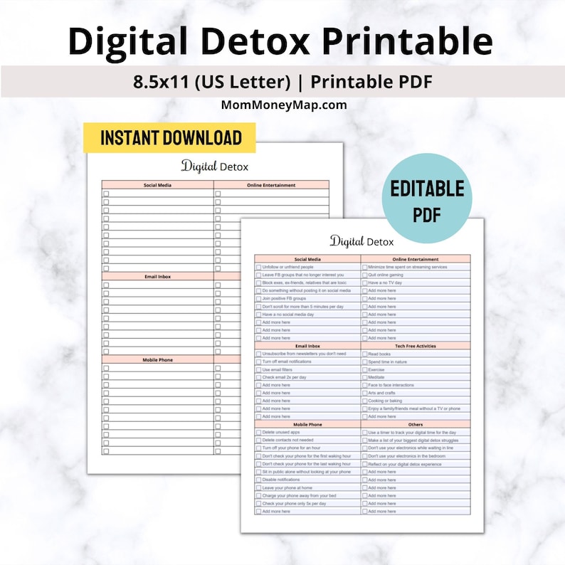 Digital Detox Checklist Printable PDF, Digital Detox Planner, Digital ...