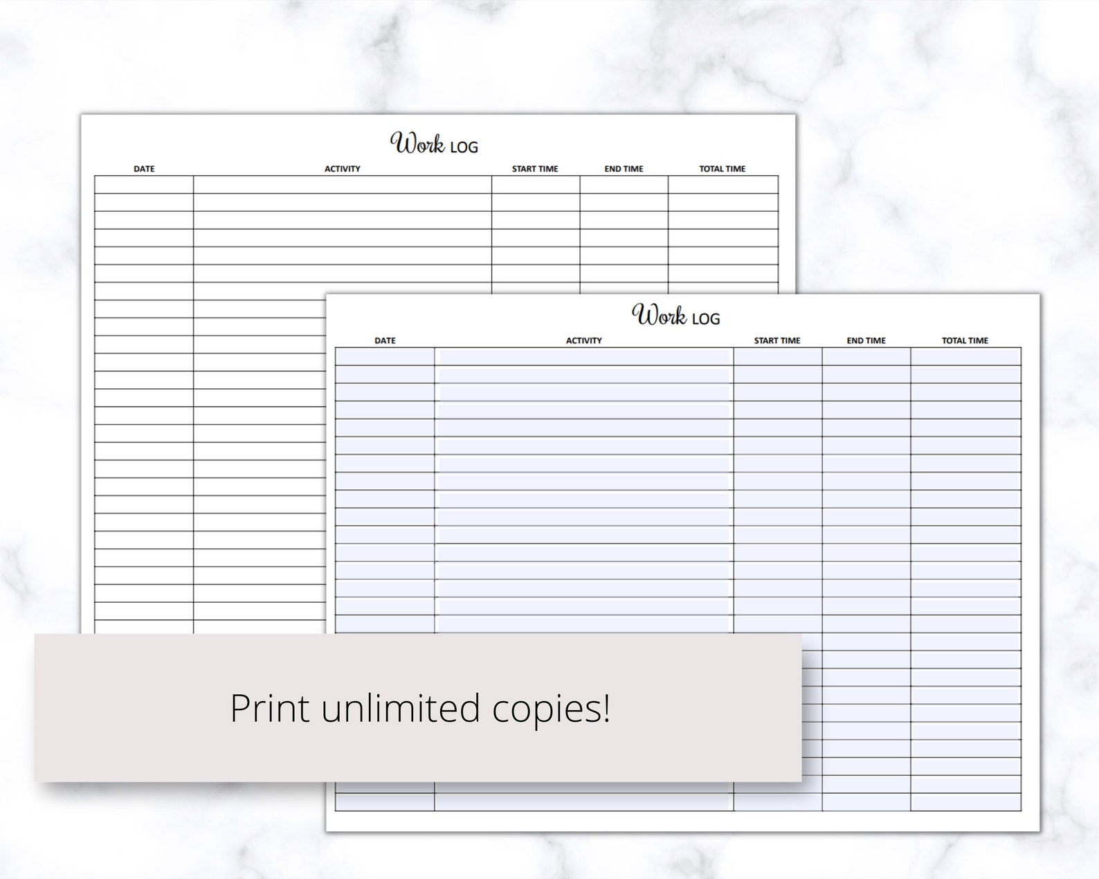 Work Log Landscape Printable PDF, Task Time Tracker, Time Log Printable ...