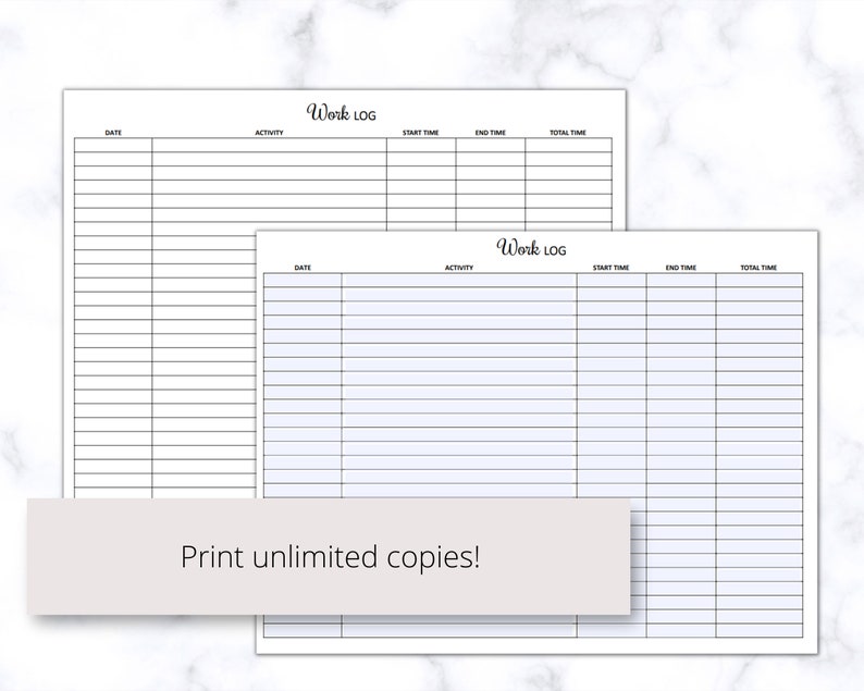 Work Log Landscape Printable PDF, Task Time Tracker, Time Log Printable ...