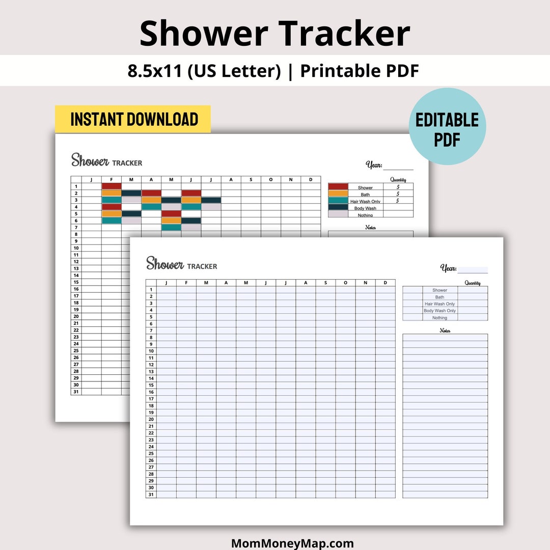 Shower Tracker Printable PDF, Bath Tracker, Shower Log Template, Hair Washing Tracker, Printable ...