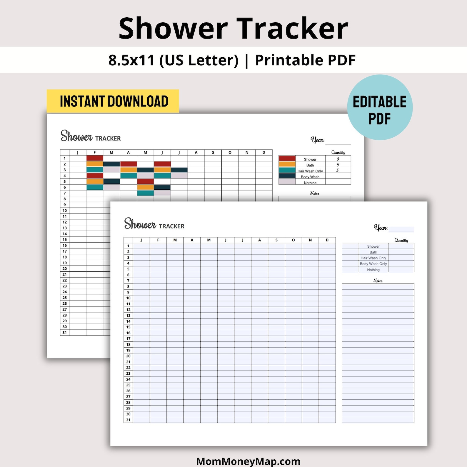Shower Tracker Printable PDF, Bath Tracker, Shower Log Template, Hair ...