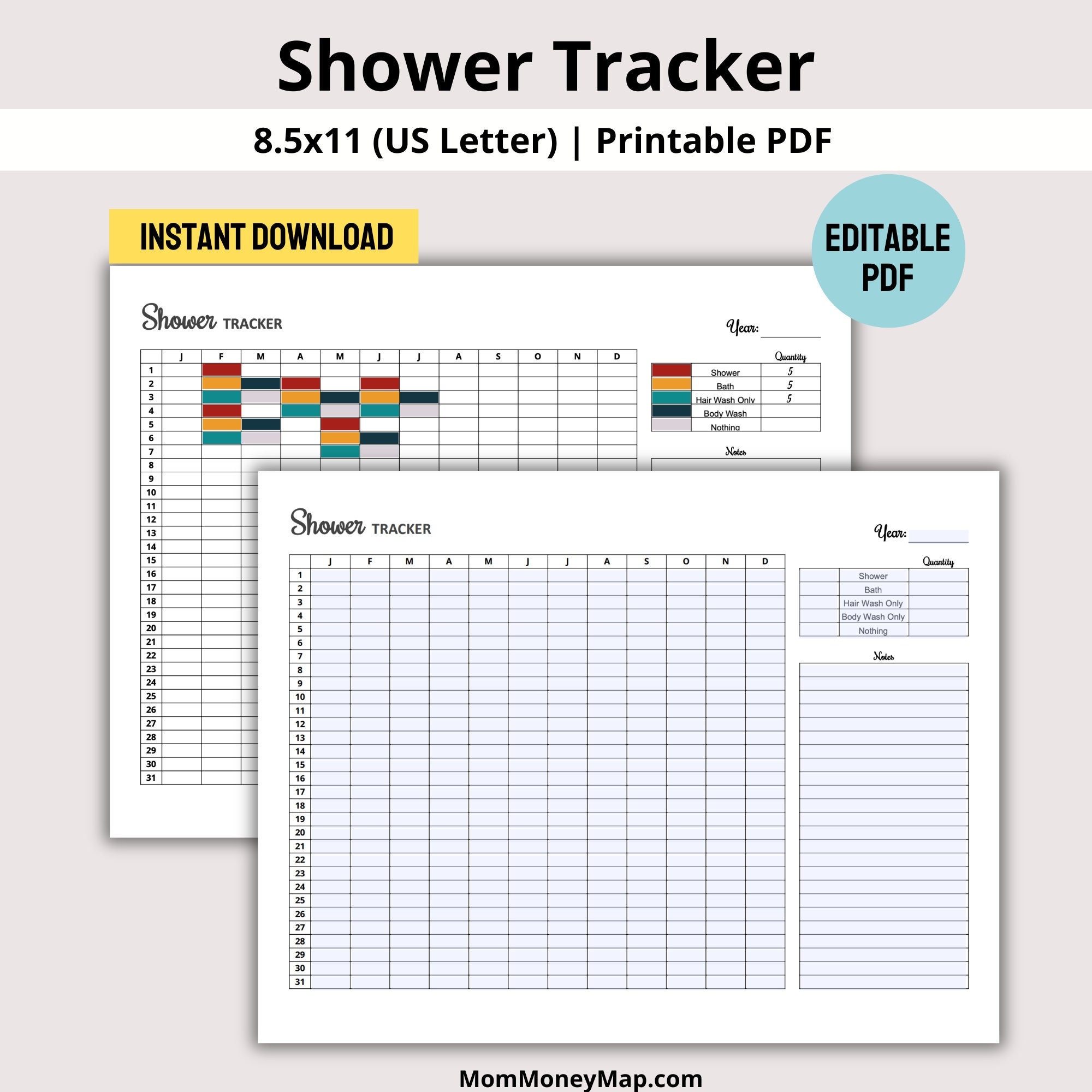 Shower Tracker Printable PDF, Bath Tracker, Shower Log Template, Hair ...