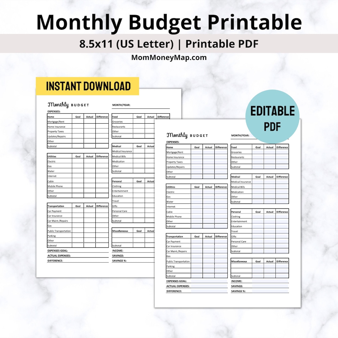 Monthly Budget Printable PDF, Simple Budget Template PDF, Budget ...