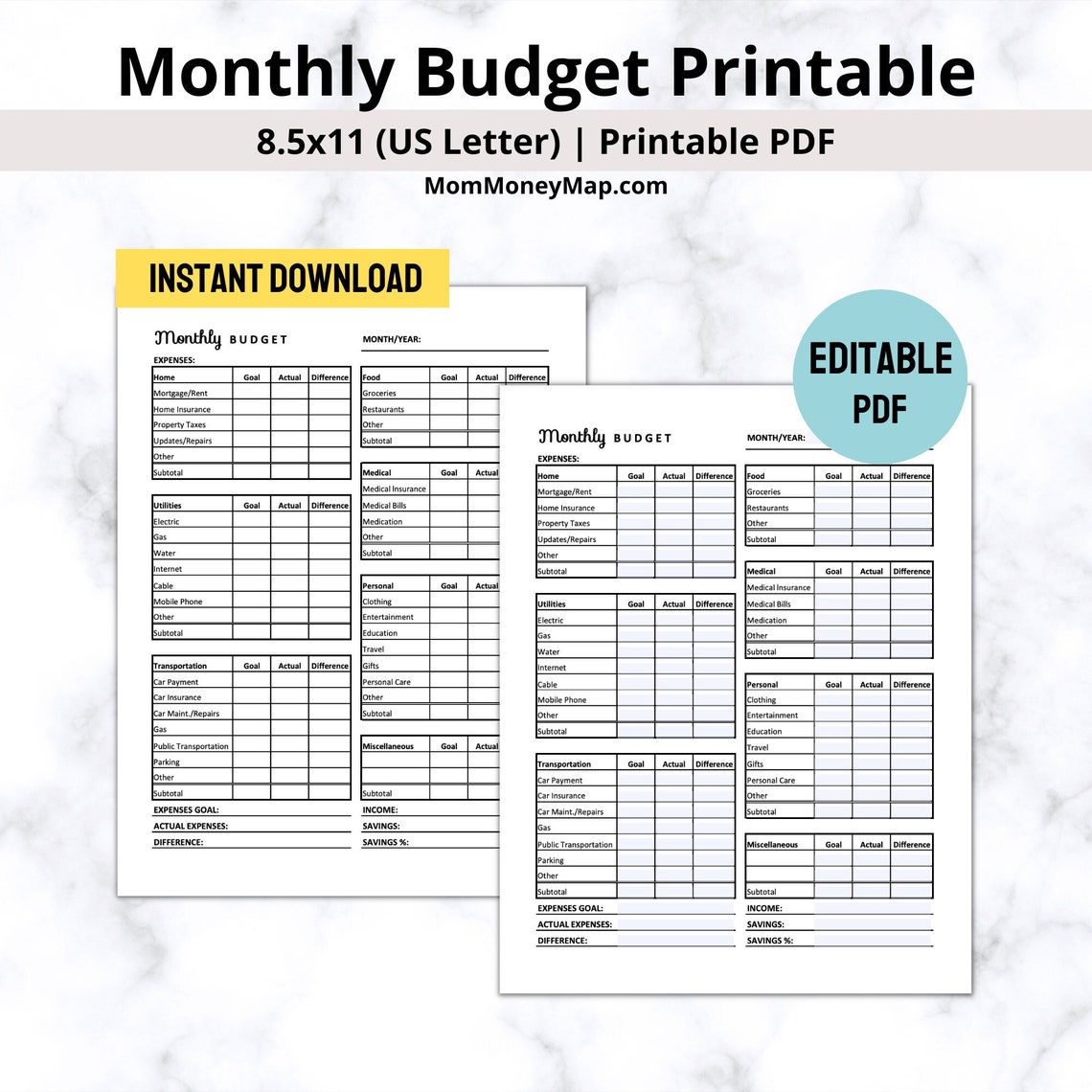 Monthly Budget Printable PDF, Simple Budget Template PDF, Budget ...