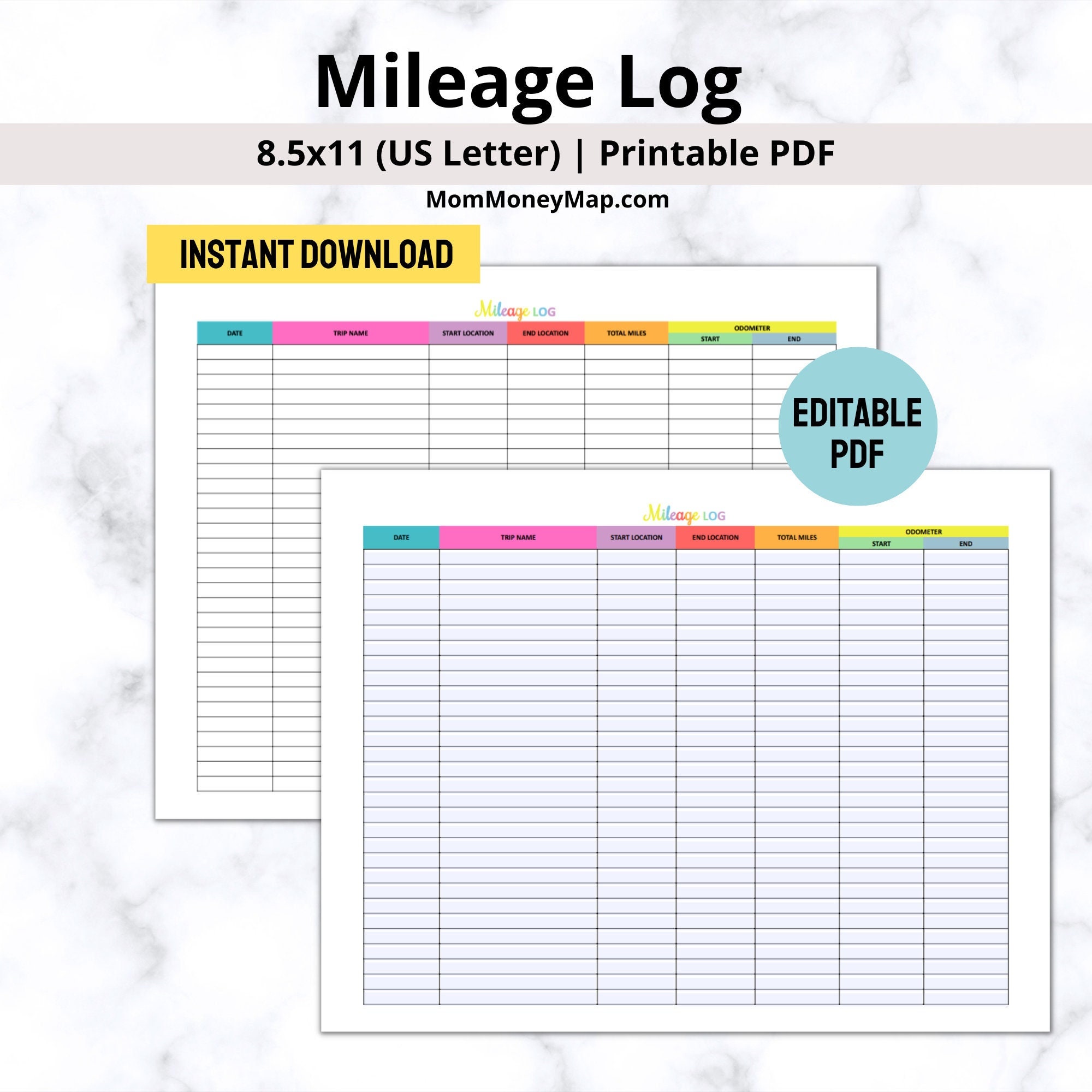 Multi-color Mileage Log Printable PDF, Odometer Tracker, Trip Log ...