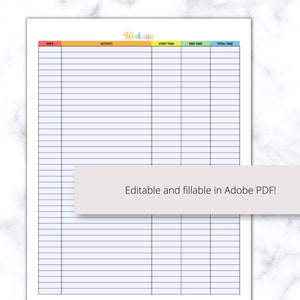 Multi-color Work Log Printable PDF Portrait, Task Time Tracker, Time ...